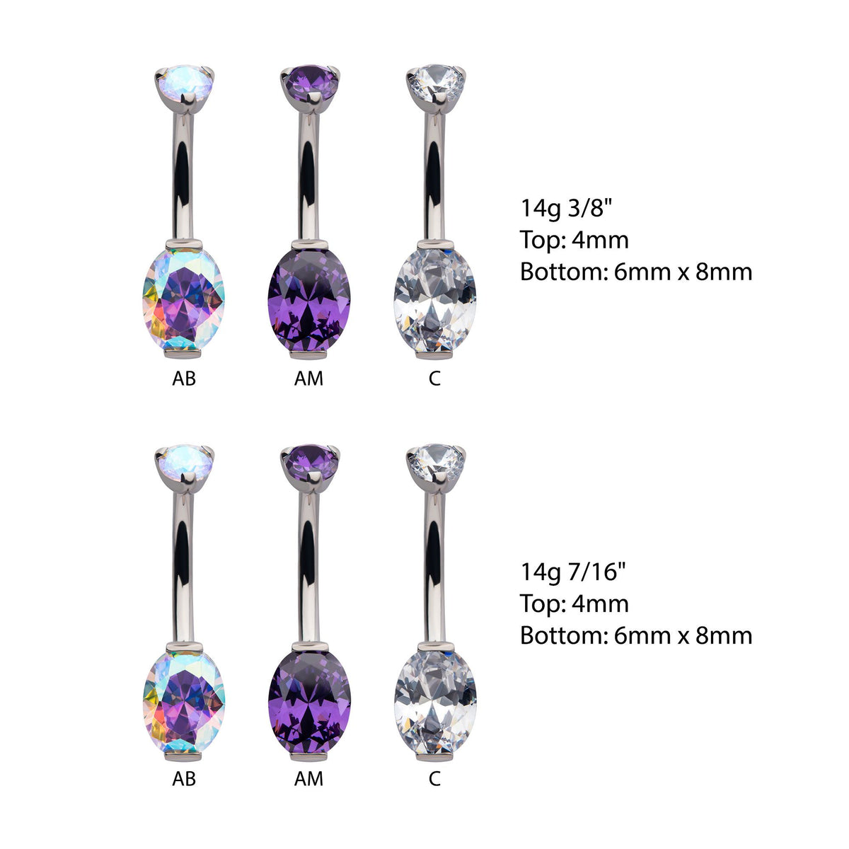 Titanium Internally Threaded Belly Ring Round CZ Top Oval CZ Fixed Bot ...