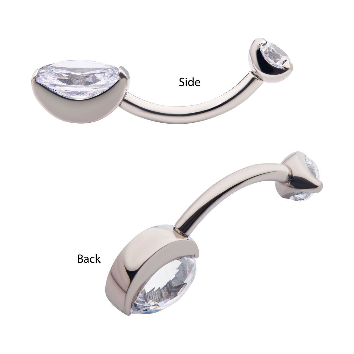 Titanium Internally Threaded Belly Ring Round CZ Top Oval CZ Fixed Bot ...