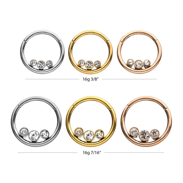 3 Bezel Set Inner Clear CZ Gem Clicker Hinged Segment Ring - Rebel Bod