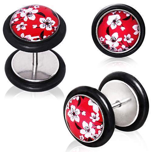 316L Red Cherry Blossom Fake Plug - 1 Piece - Rebel Bod
