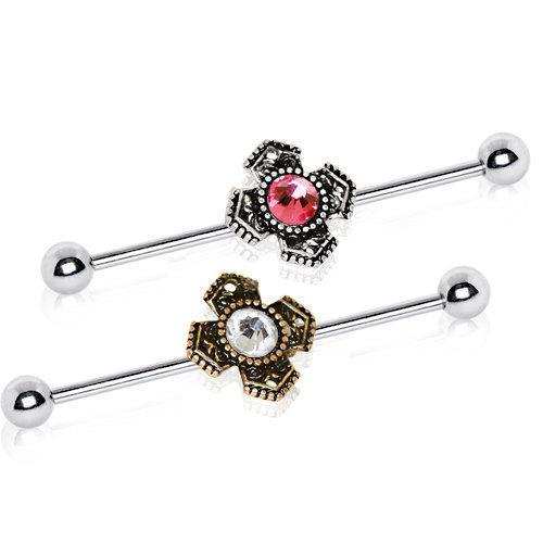 Jeweled Medieval Cross Industrial Barbell - 1 Piece - Rebel Bod