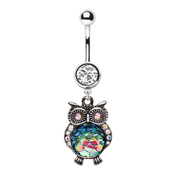 Jeweled Rainbow Owl Dangle Belly Button Ring - Rebel Bod
