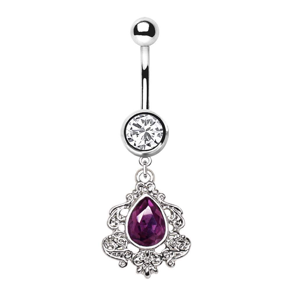 Ornate Victorian Purple Tear Drop Dangle Belly Ring - Rebel Bod