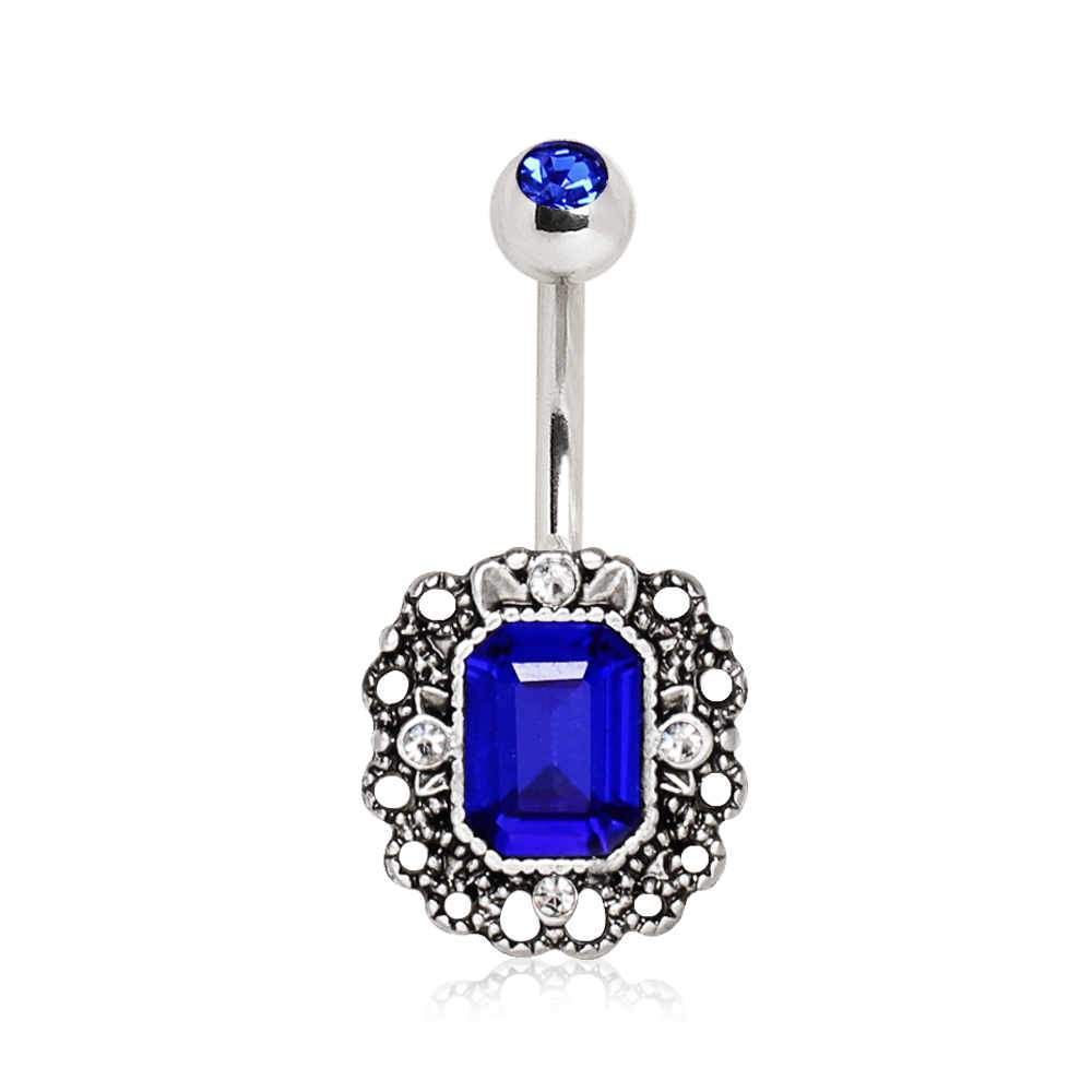 Radiant Cut Sapphire Blue CZ Ornate Belly Button Ring - Rebel Bod