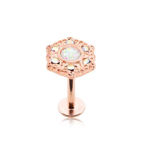 Aurora Borealis/White Rose Gold Ornate AB Gem Glitter Opal Top Labret ...