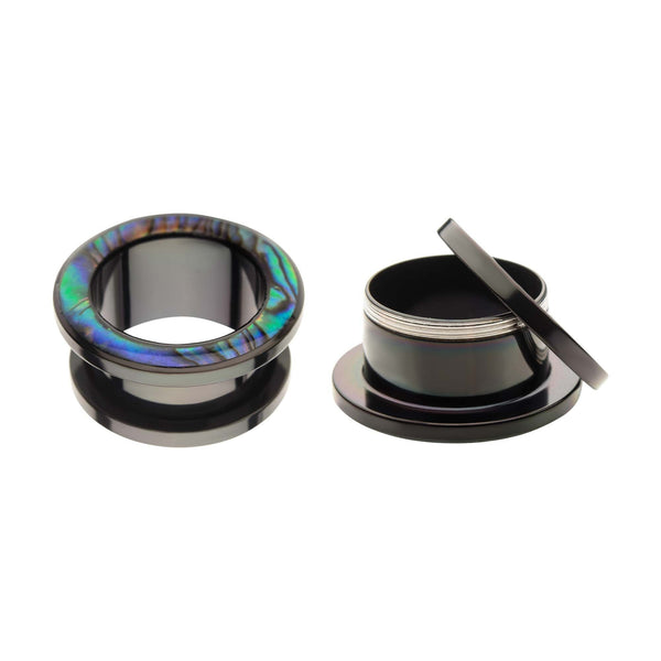 Black PVD Abalone Shell Tunnel Screw Fit Double Flared Ear Gauge Tunne ...