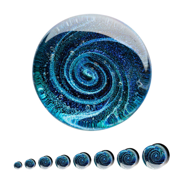 Blue Galaxy Swirl Glass Double Flared Ear Gauge Plug - 1 Pair - Rebel Bod