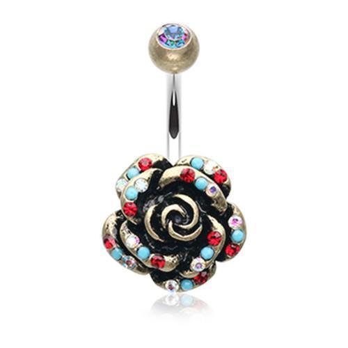 Brass/Aurora Borealis/Red Vintage Boho Gleam Rose Belly Button Ring ...