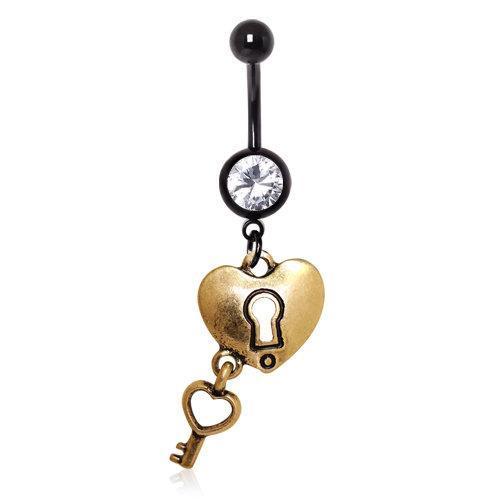 Brushed Gold Heart Lock Key Dangle Belly Ring - Rebel Bod