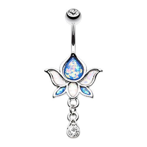Clear/Blue/White Opal Lotus Flower Drop Dangle Belly Ring - Rebel Bod