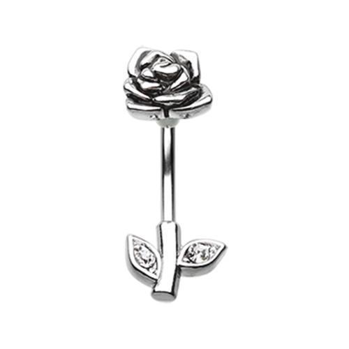 Clear Full Blossom Rose Belly Button Ring - Rebel Bod