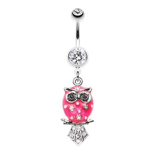 Clear/Pink Sweet Blossom Owl Dangle Belly Ring - Rebel Bod