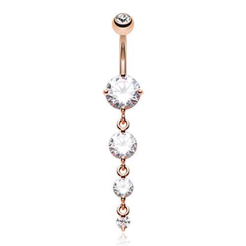 Clear Rose Gold Brilliant Gem Cascade Belly Button Ring - Rebel Bod