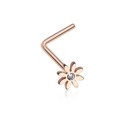 Clear Rose Gold Cutesy Daisy Flower Sparkle L-Shaped Nose Ring - Rebel Bod