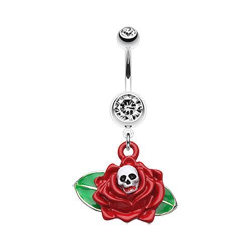 Clear Vibrant Skull Rose Belly Button Ring - Rebel Bod