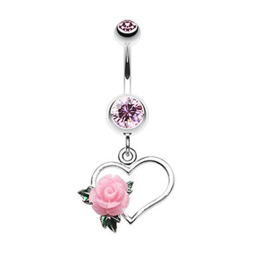 Light Pink Glittering Sweet Heart w/ Rose Belly Button Ring - Rebel Bod