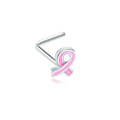 Pink Breast Cancer Awareness Pink Ribbon L-Shape Nose Stud - Rebel Bod
