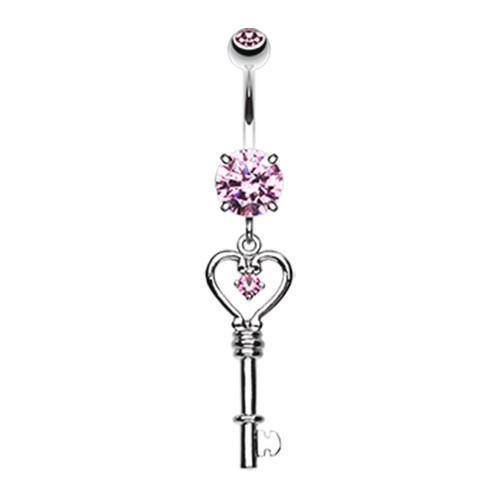 Pink Heart Key Sparkle Belly Button Ring - Rebel Bod