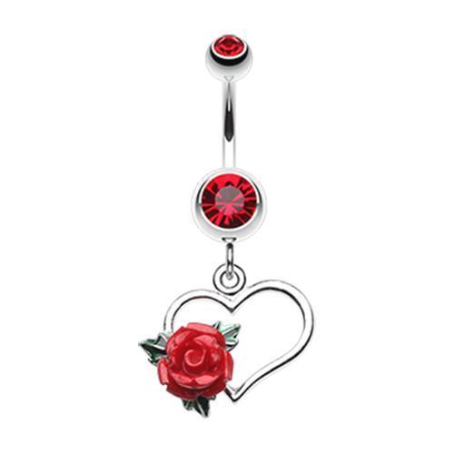 Red Glittering Sweet Heart w/ Rose Belly Button Ring - Rebel Bod