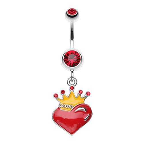 Red Vibrant Crowned Heart Sparkle Belly Button Ring - Rebel Bod