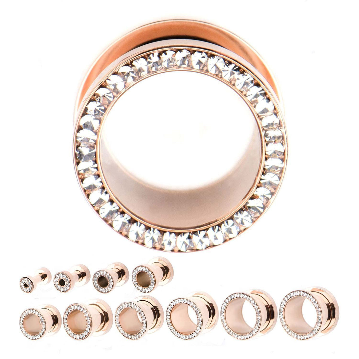 Rose Gold Plated Multigem Clear CZ Double Flared Ear Gauge Tunnel Plug ...