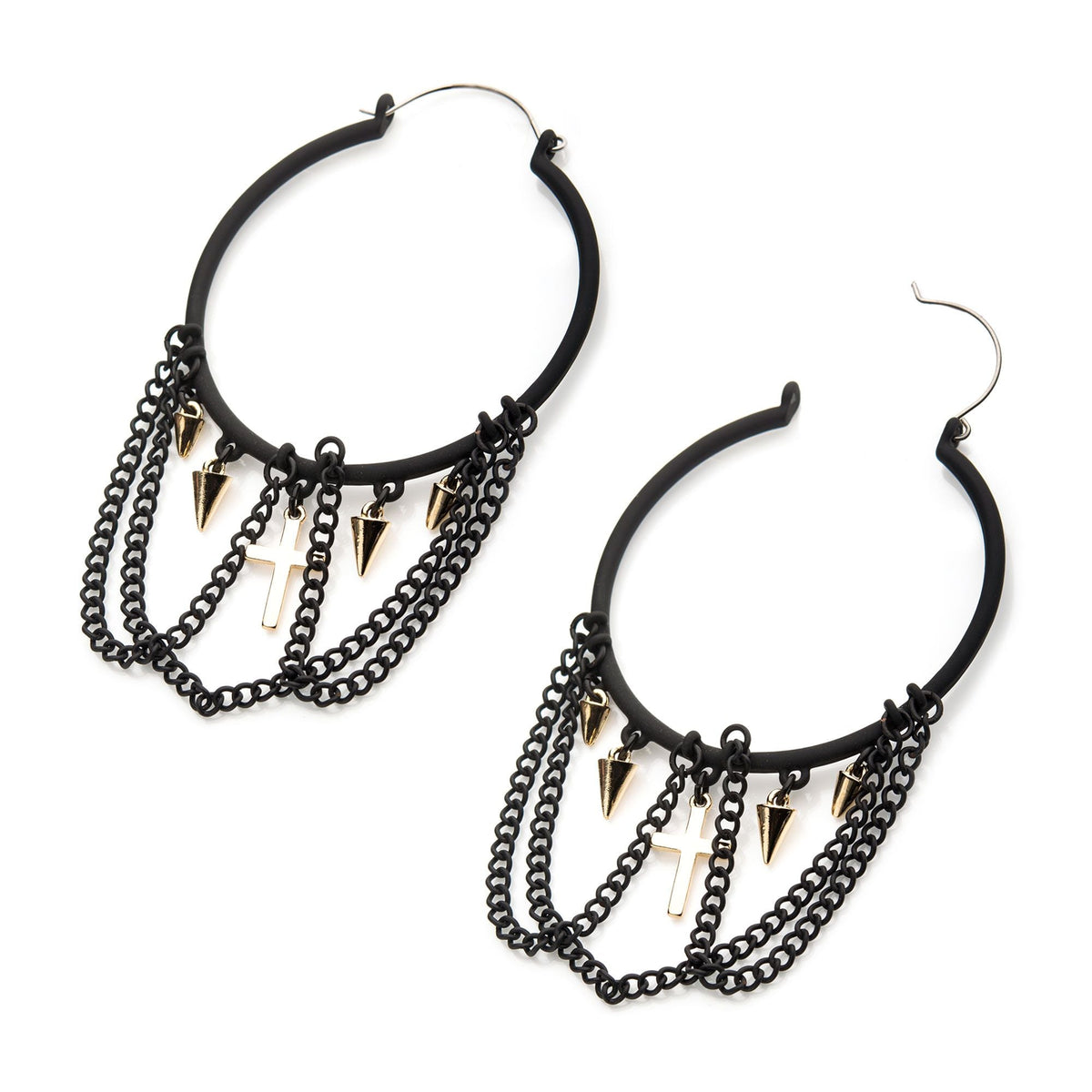 Black Silicone Coated Dangling Chains Gold Plated Cross Spikes Plug Ho ...