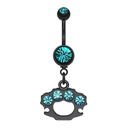 Teal Black Brass Knuckle Sparkle Dangle Belly Ring - Rebel Bod