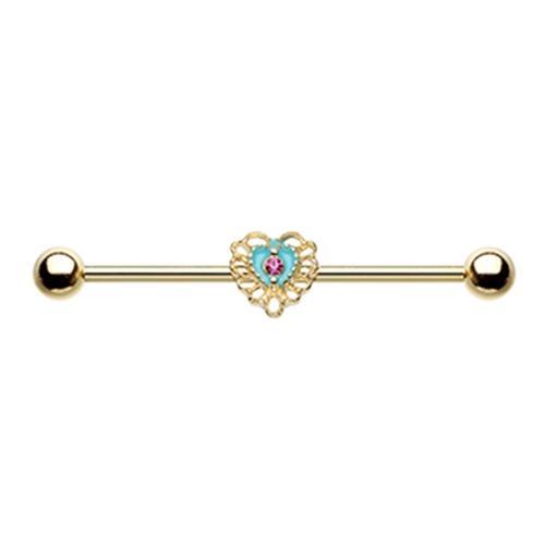 Turquoise/Fuchsia Golden Victorian Filigree Heart Industrial Barbell ...