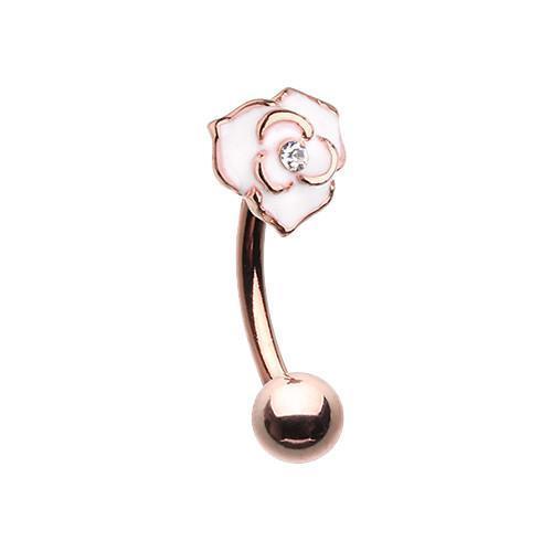 White/Clear Rose Gold Blooming Rose Curved Barbell Eyebrow Ring - Rebel Bod